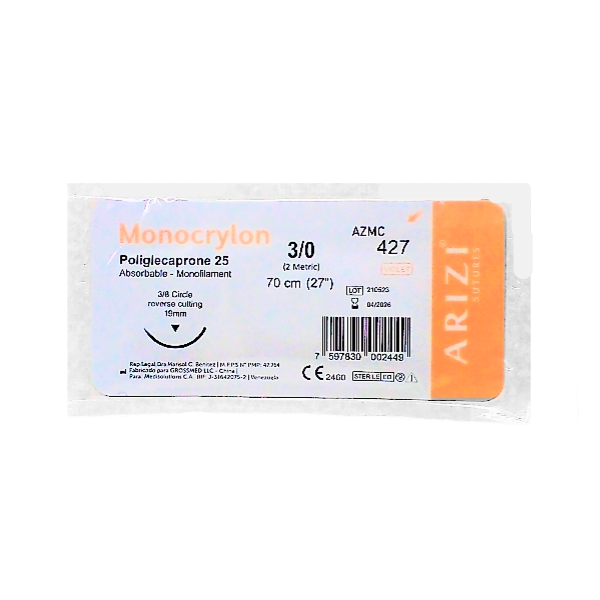 Sutura Monocryl 3-0 Aguja Curva Cortante Absorbible 19MM-70CM Arizi ...
